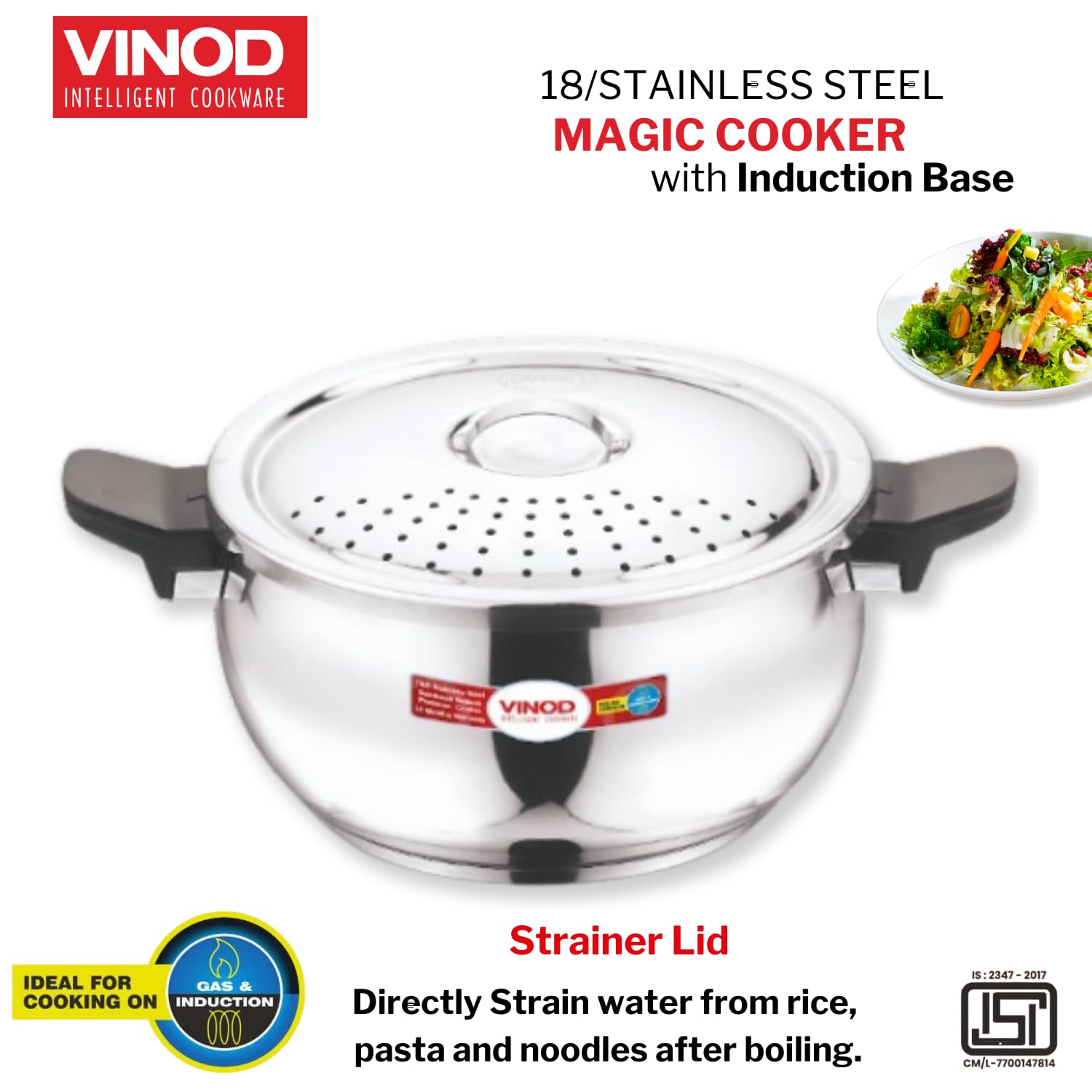 Vinod Magic Stainless Steel Smart 3 in 1 Pressure Cooker 5.5 Litre | 5mm Thick Base | All in One Cooker with Strainer & Glass Lid | Induction and Gas Base | ISI certified, Silver