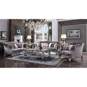 Acme Versailles Loveseat w/5 Pillows in Velvet & Antique Platinum