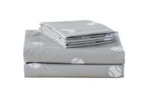 chezmoi collection 4-piece kids/teens sports sheet set - soft microfiber gray white baseball, full size