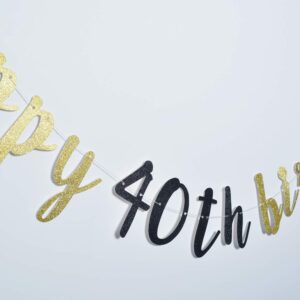 Happy 40th Birthday Banner for 40th Birthday Party Pre-Strung Decorations (Gold & Black Glitter)