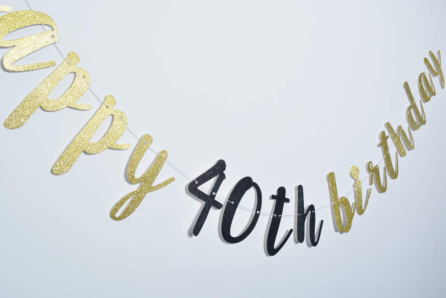 Happy 40th Birthday Banner for 40th Birthday Party Pre-Strung Decorations (Gold & Black Glitter)