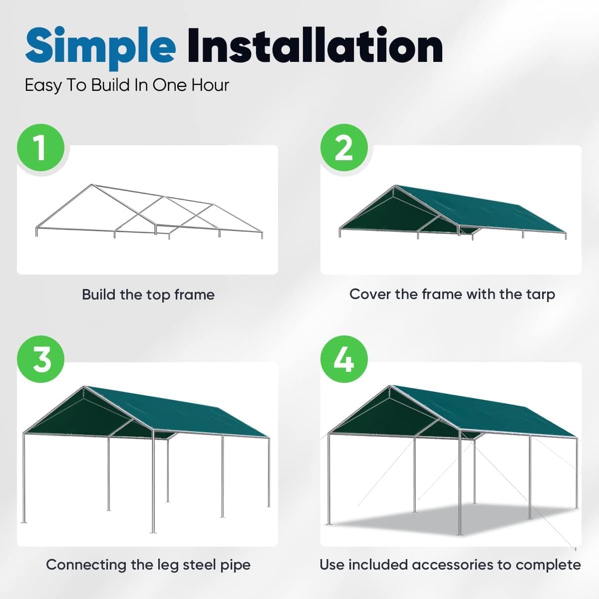 Quictent 10x20 ft Heavy Duty Car Canopy Galvanized Frame Carport Outdoor Party Tent Boat Shelter with 3 Reinforced Steel Cables - Green