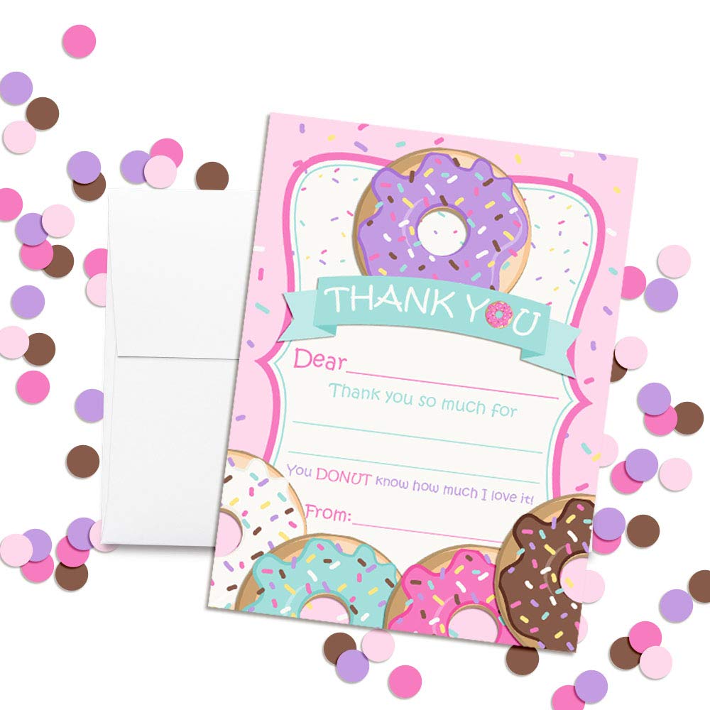 Donut Grow Up Thank You Notes for Girls, Ten 4" x 5.5" Fill In The Blank Cards with 10 White Envelopes by AmandaCreation