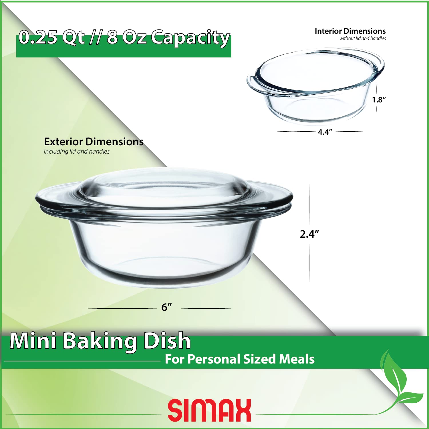 Simax Casserole Dish For Oven: Mini Glass Baking Dish With Lid – Small, Personal Sized Round Bakeware and Cookware Great for Storage – Microwave, Oven, And Dishwasher Safe Borosilicate Glass Dish –