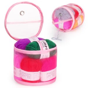 katech yarn holder empty small round mesh yarn storage bag portable crochet yarn balls organizer basket crochet thread sewing accessories storage tote bags (pink)