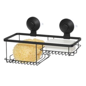 idesign everett metal push lock suction shower caddy, extra space for shampoo, conditioner, and soap with hooks for razors, towels, loofahs, and more, 11.1" x 4.9" x 6.54", matte black