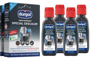 durgol swiss espresso, descaler and decalcifier for all brands of espresso machines and coffee makers, 4.2 fluid ounces (pack of 4)