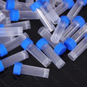 50 Pieces 5 ML Test Tubes Plastic Vials with Blue Screw Caps and Flat Bottom Clear Sample Vial Container for Science, Labs