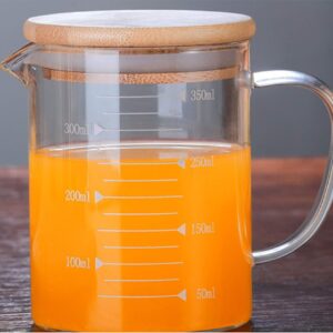 KINNOSE Graduated Beaker Mug with Handle and Durable Bamboo Lid Borosilicate Glass Multi-Function Food Grade Measuring Cup 350ML