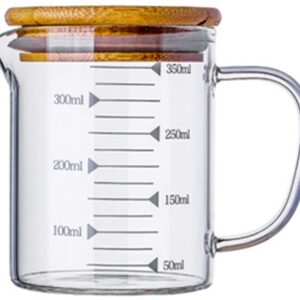 KINNOSE Graduated Beaker Mug with Handle and Durable Bamboo Lid Borosilicate Glass Multi-Function Food Grade Measuring Cup 350ML