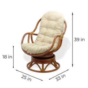 Set of 2 Bali Lounge Swivel Rocking Chairs with Cream Cushion and Pelangi Round Coffee Table Natural Rattan Wicker Handmade, Colonial Color