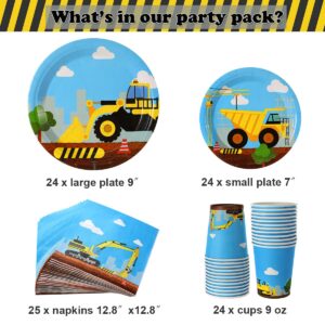 Construction Birthday Party Supplies Set 97 Pieces For Kids- Serves 24 Guest-Digger Truck Bulldozer Party Tableware Kit - Including Dump Truck Plates, Cups, Napkins