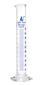 eisco graduated cylinder, 100ml - class a tolerance ±0.50ml - hexagonal base - blue graduations - borosilicate 3.3 glass