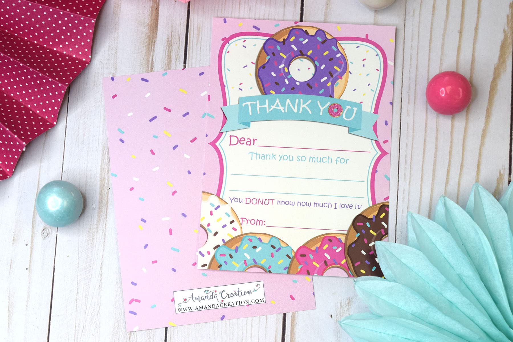 Donut Grow Up Thank You Notes for Girls, Ten 4" x 5.5" Fill In The Blank Cards with 10 White Envelopes by AmandaCreation