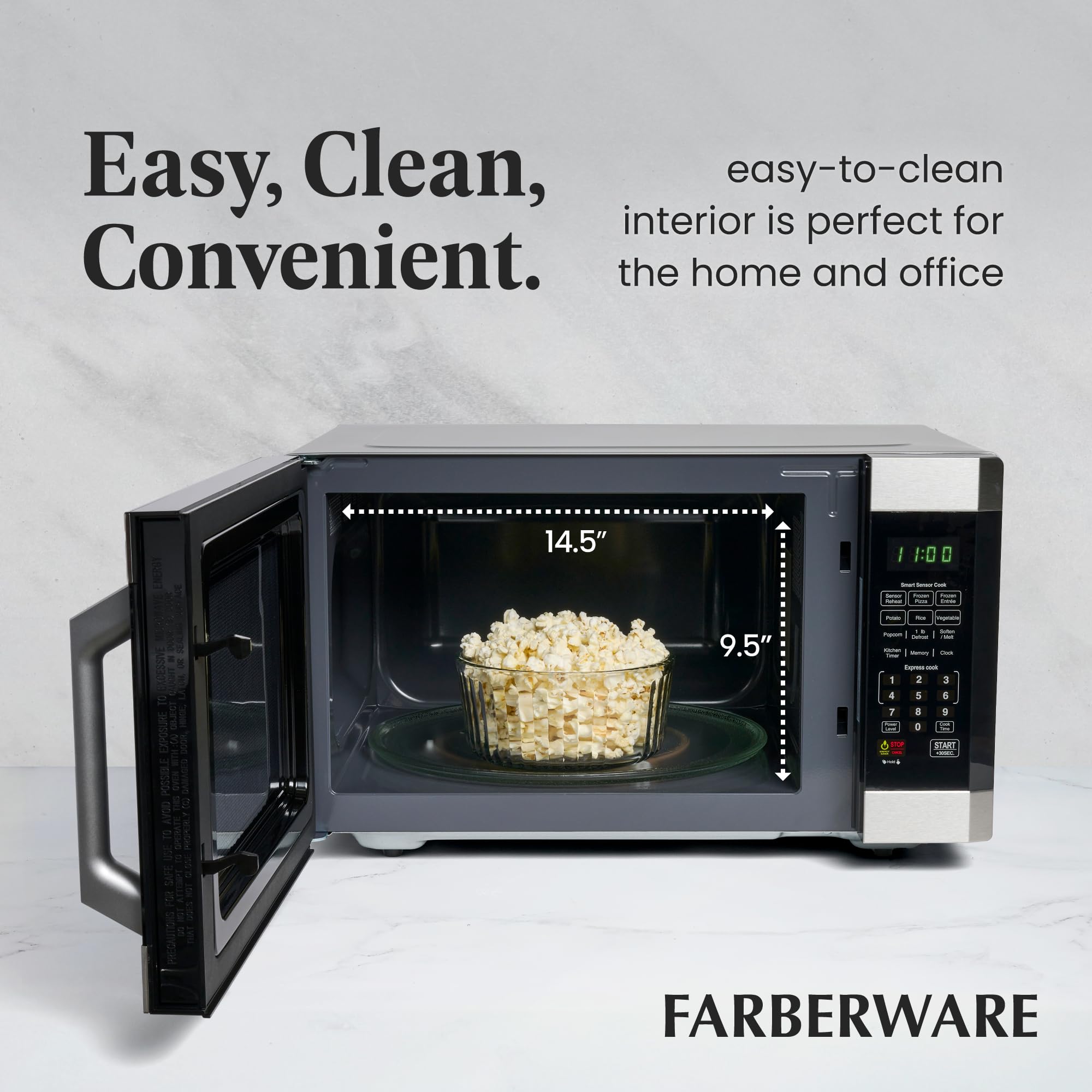 Farberware Countertop Microwave 1100 Watts, 1.6 cu ft - Smart Sensor Microwave Oven With LED Lighting and Child Lock - Perfect for Apartments and Dorms - Easy Clean - Stainless Steel