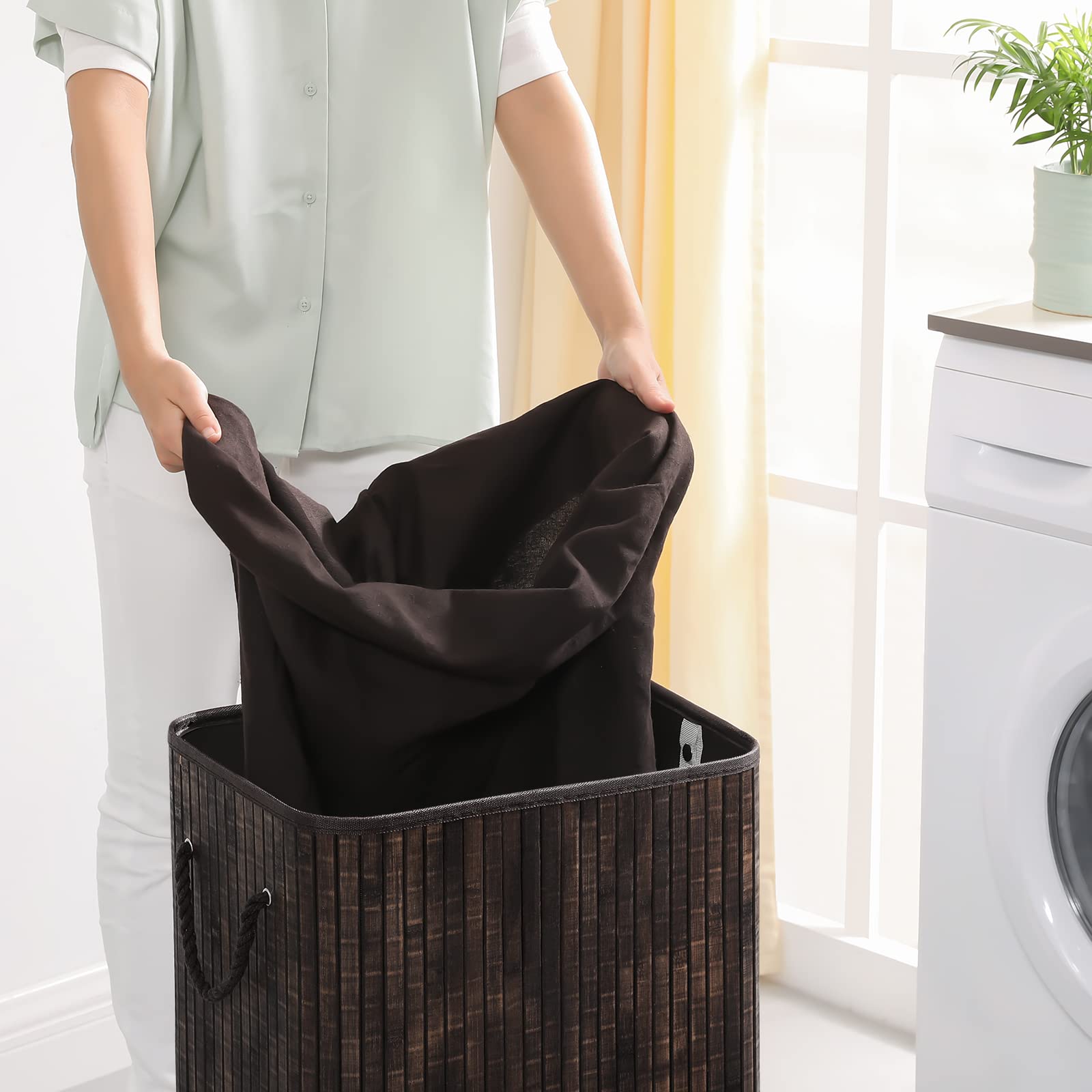 SONGMICS Laundry Hamper with Lid, Bamboo Laundry Basket with Liner Bag, Foldable Storage Hamper with Handles in Bedroom Closet Laundry, 72L, Rustic Brown ULCB10WN