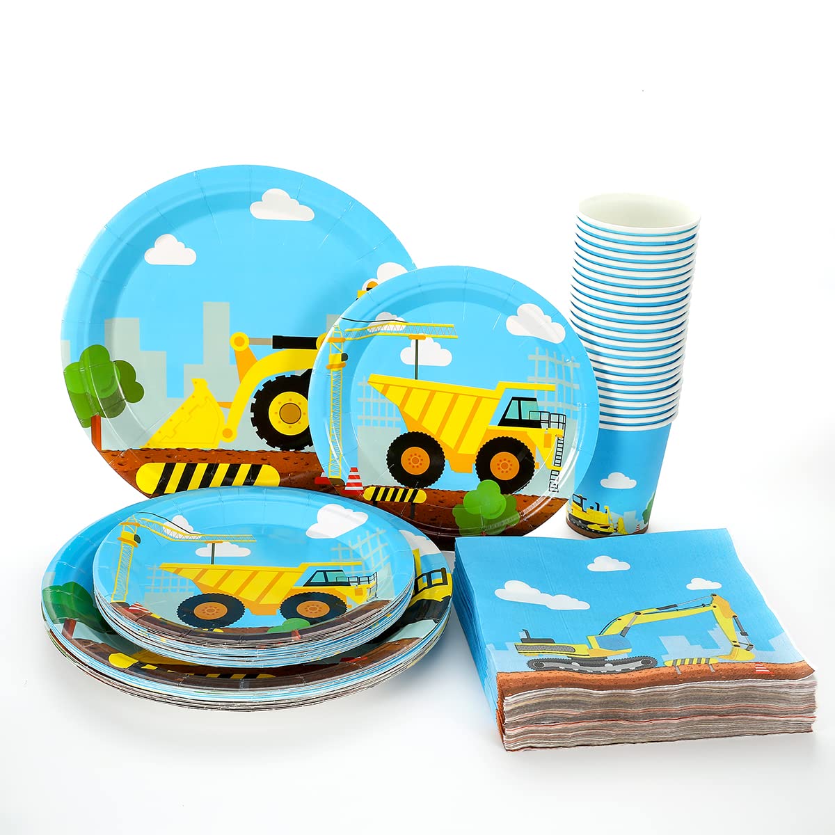 Construction Birthday Party Supplies Set 97 Pieces For Kids- Serves 24 Guest-Digger Truck Bulldozer Party Tableware Kit - Including Dump Truck Plates, Cups, Napkins