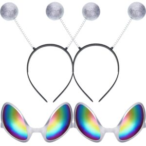 2 pairs alien glasses silver glasses with rainbow color lens and 2 pieces martian antenna headband boppers for adults and kids party favors