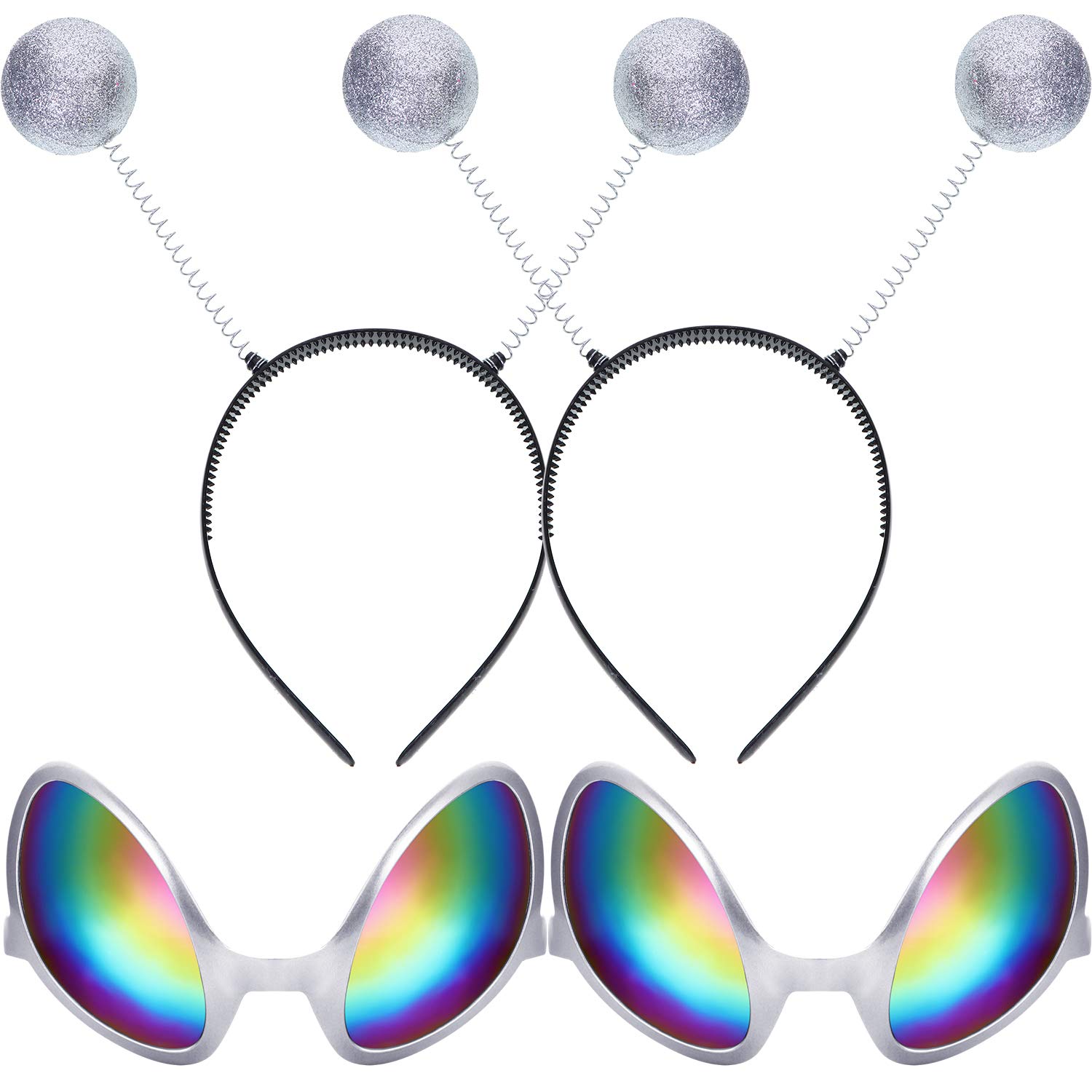 2 Pairs Alien Glasses Silver Glasses with Rainbow Color Lens and 2 Pieces Martian Antenna Headband Boppers for Adults and Kids Party Favors