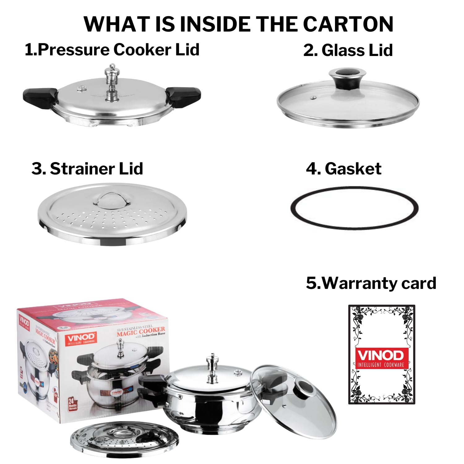 Vinod Magic Stainless Steel Smart 3 in 1 Pressure Cooker 5.5 Litre | 5mm Thick Base | All in One Cooker with Strainer & Glass Lid | Induction and Gas Base | ISI certified, Silver