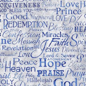 religious fabric, by the yard, blue, timeless treasures, faith-c4720, faith fabric, religious phrases