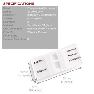 American Fristaden Lab Improved Neubauer Hemocytometer, Diamond Etched Blood Cell Counting Chamber, High-Light Transmission Glass with Hemocytometer Coverslips