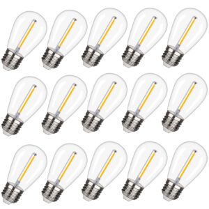 emitting 15 pack shatterproof s14 replacement light bulbs –1w s14 led bulbs, warm white 2200k, outdoor string lights vintage led light bulbs, e26 base edison plastic bulbs.