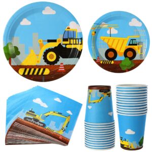 construction birthday party supplies set 97 pieces for kids- serves 24 guest-digger truck bulldozer party tableware kit - including dump truck plates, cups, napkins