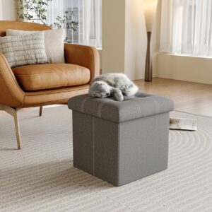 YOUDENOVA 15 inches Storage Ottoman Cube, Foldable Storage Boxes Footrest Step Stool, Padded Seat for Dorm Living Room, Support 300lbs, Line Fabric Grey