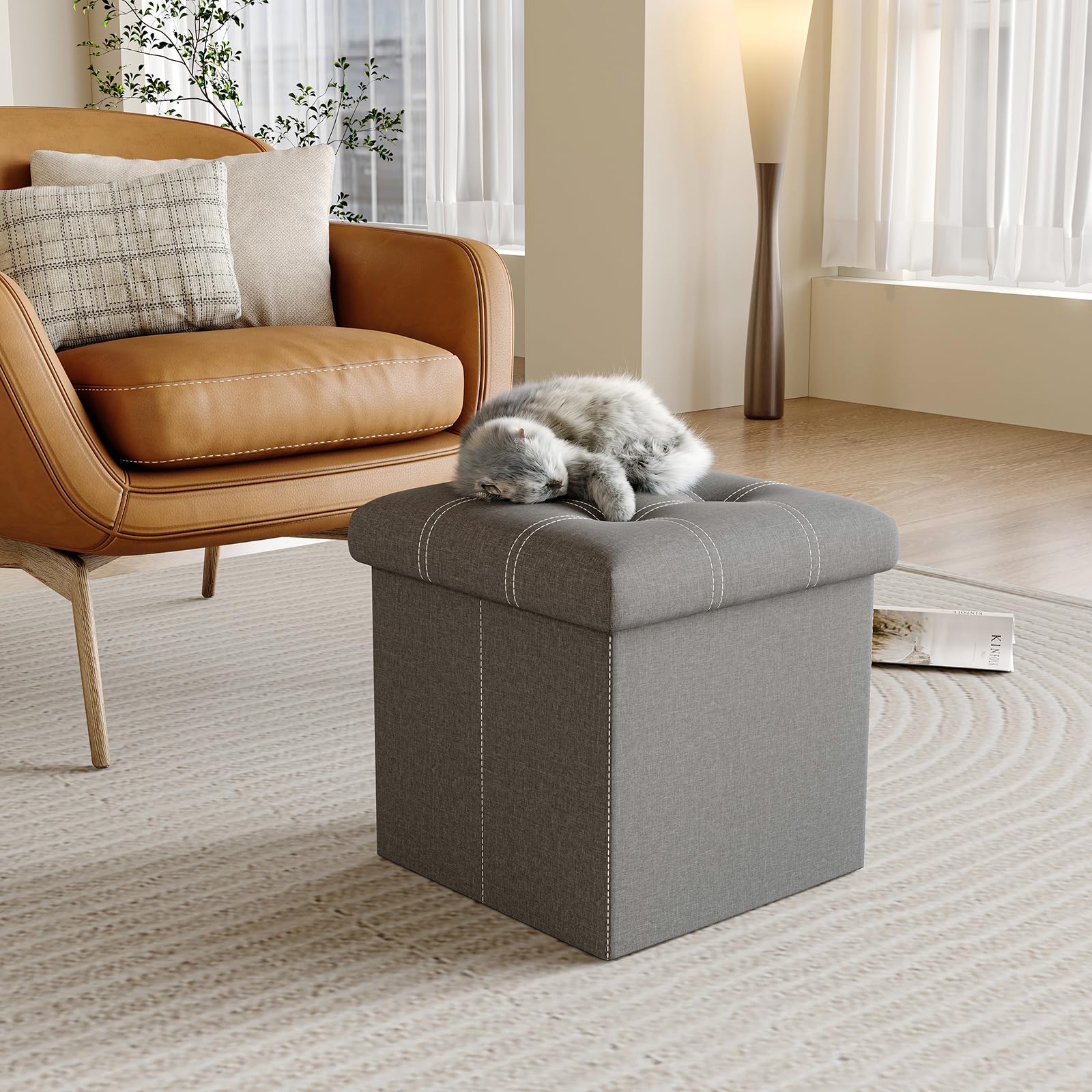 YOUDENOVA 15 inches Storage Ottoman Cube, Foldable Storage Boxes Footrest Step Stool, Padded Seat for Dorm Living Room, Support 300lbs, Line Fabric Grey