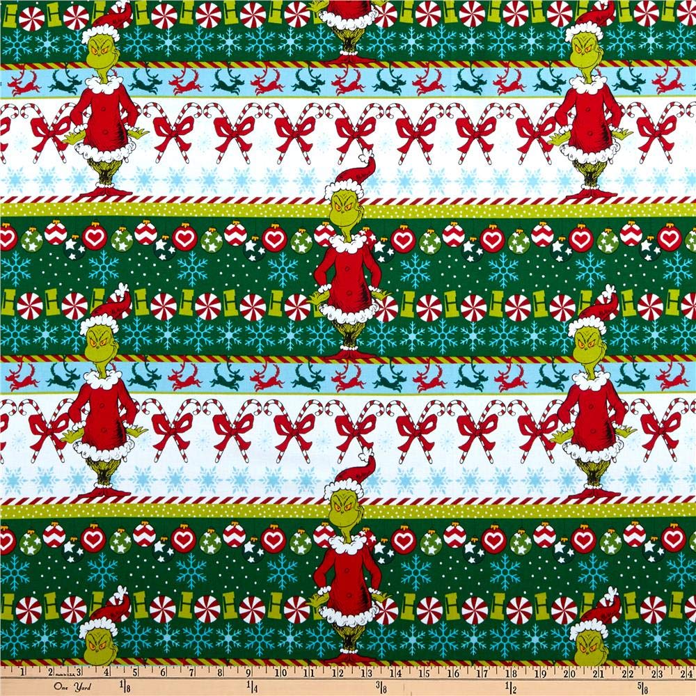 Kaufman How The Grinch Stole Christmas Stripes White Quilt Fabric By The Yard