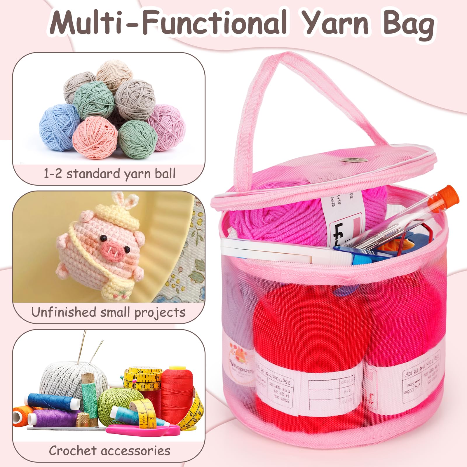 Katech Yarn Holder Empty Small Round Mesh Yarn Storage Bag Portable Crochet Yarn Balls Organizer Basket Crochet Thread Sewing Accessories Storage Tote Bags (Pink)