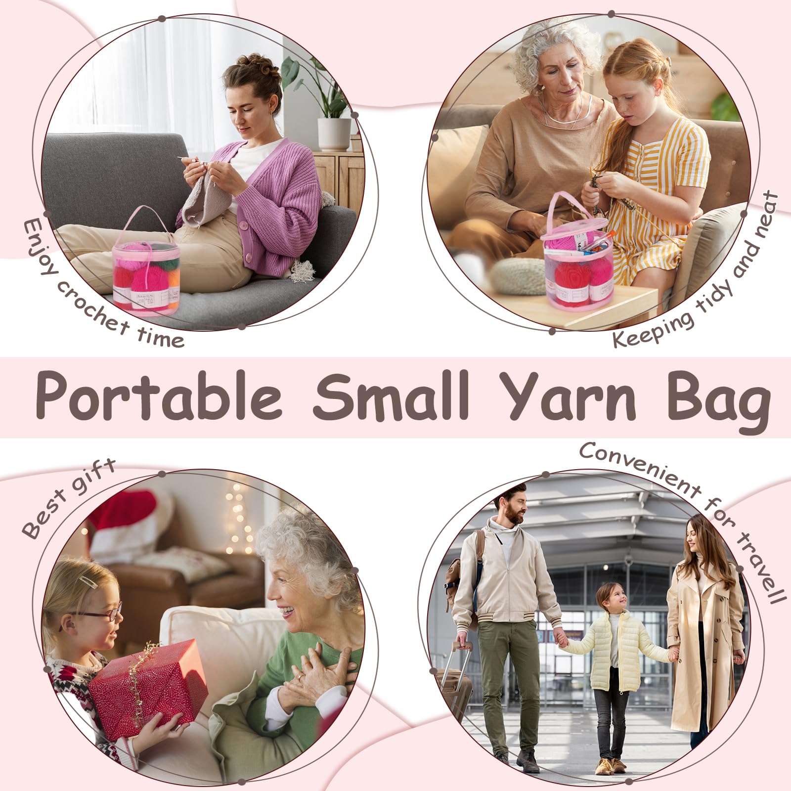 Katech Yarn Holder Empty Small Round Mesh Yarn Storage Bag Portable Crochet Yarn Balls Organizer Basket Crochet Thread Sewing Accessories Storage Tote Bags (Pink)