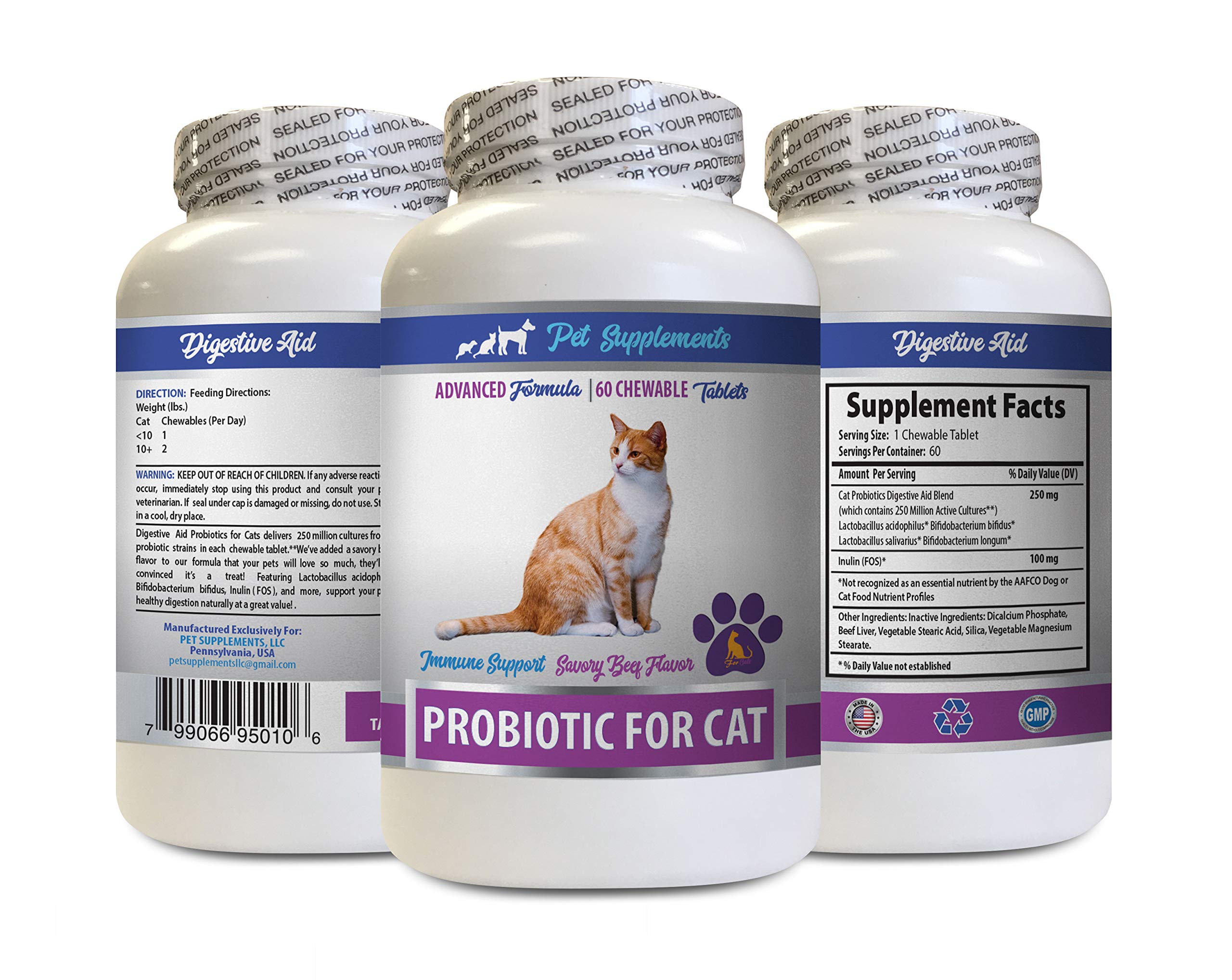 PET SUPPLEMENTS cat Digestive enzymes - CAT PROBIOTIS - Immune Support - Savory Beef Flavor - Natural Formula - cat probiotics for Vomiting - 1 Bottle (60 Treats)