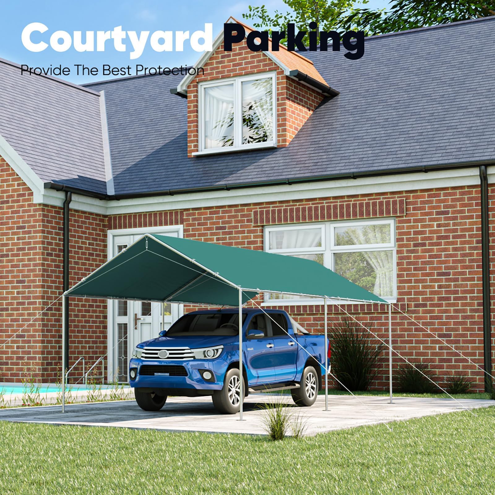 Quictent 10x20 ft Heavy Duty Car Canopy Galvanized Frame Carport Outdoor Party Tent Boat Shelter with 3 Reinforced Steel Cables - Green