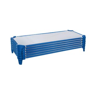 wood designs stackable daycare cots for toddlers, 40", blue, ready-to-assemble, with cot sheets, 87830 [set of 6]