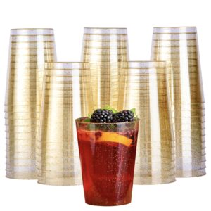 matana 50 clear hard plastic cups 10 oz tumblers with gold glitter, sturdy & reusable - birthdays, weddings, anniversary, christmas, new year's eve celebrations, bbq, picnic, parties