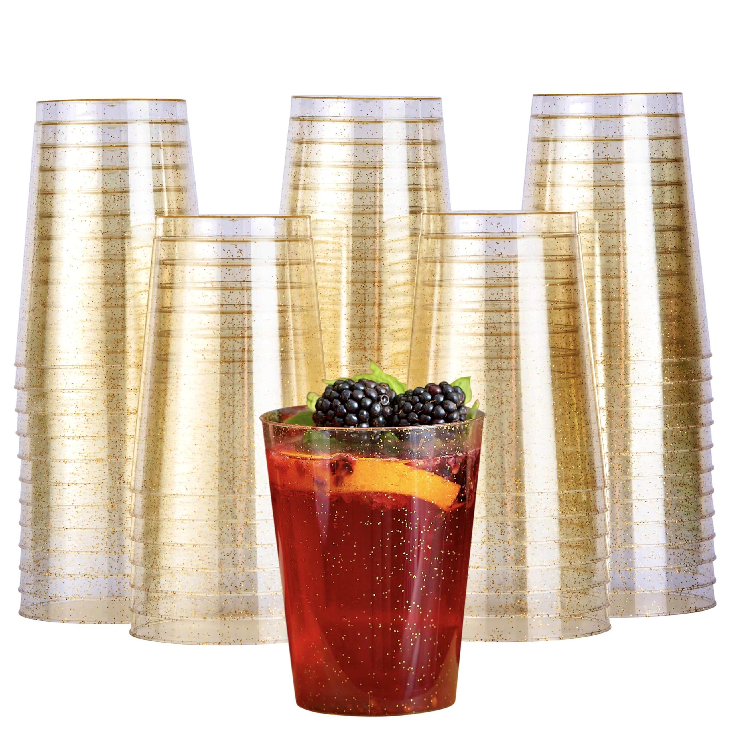 MATANA 50 Clear Hard Plastic Cups 10 oz Tumblers with Gold Glitter, Sturdy & Reusable - Birthdays, Weddings, Anniversary, Christmas, New Year's Eve Celebrations, BBQ, Picnic, Parties