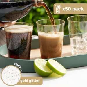 MATANA 50 Clear Hard Plastic Cups 10 oz Tumblers with Gold Glitter, Sturdy & Reusable - Birthdays, Weddings, Anniversary, Christmas, New Year's Eve Celebrations, BBQ, Picnic, Parties