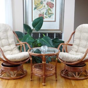 Set of 2 Bali Lounge Swivel Rocking Chairs with Cream Cushion and Pelangi Round Coffee Table Natural Rattan Wicker Handmade, Colonial Color