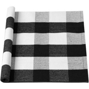 uxcell buffalo check rug,plaid outdoor rug,layered door mat,cotton gingham rugs,floor mat for front porch/runner/bedroom/kitchen/farmhouse 35"x24" black & white