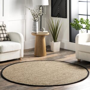 nuloom 4 round elijah seagrass area rug, black, solid farmhouse style, cotton bordered, basketweave, natural fiber, for bedroom, dining room, living room, hallway, office, kitchen, entryway