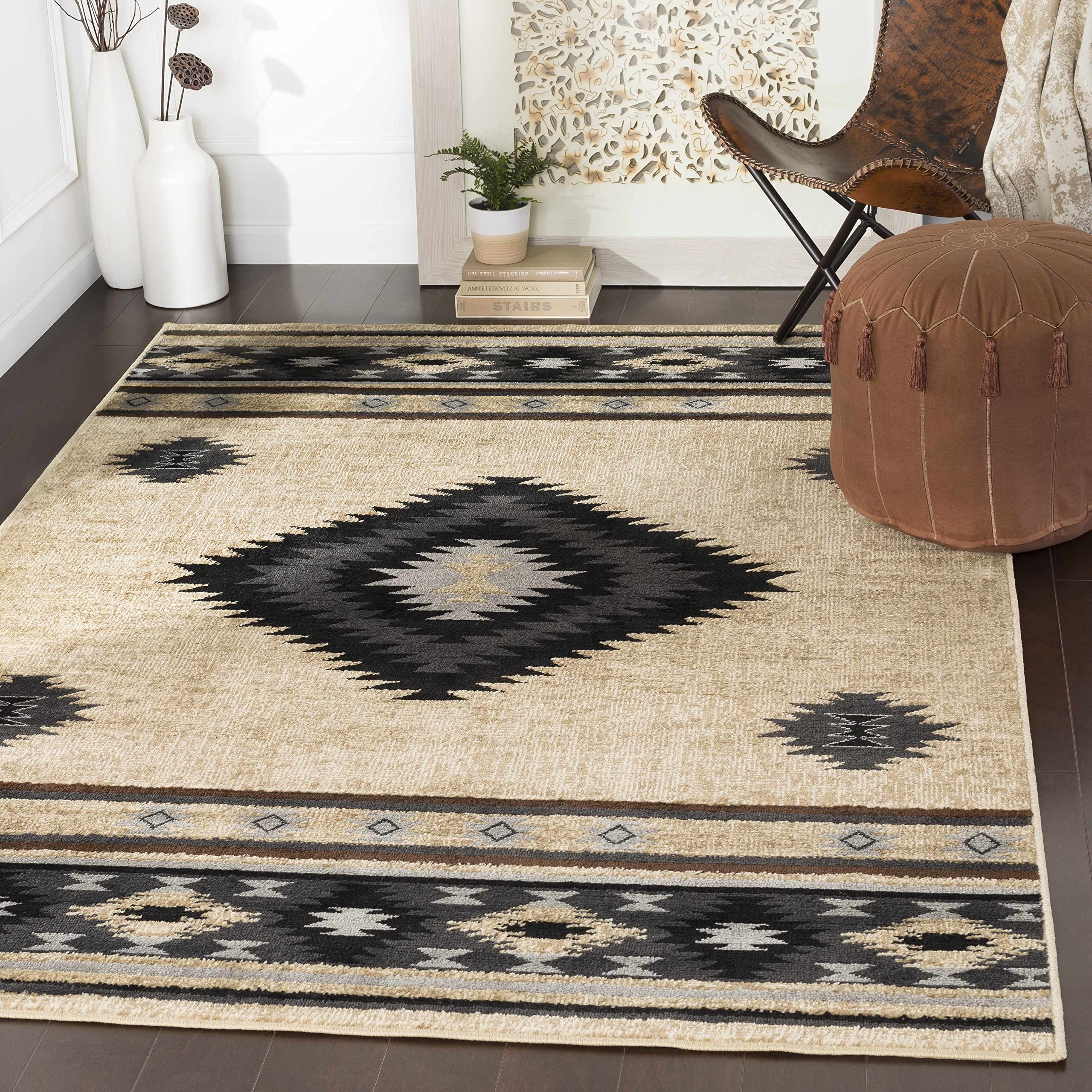 Hauteloom Hoylake Southwestern Tribal Living Room Bedroom Dining Room Aztec Area Rug - Native American Indian Indie Carpet - Brown, Gray, Black - 7'10" x 11'2"