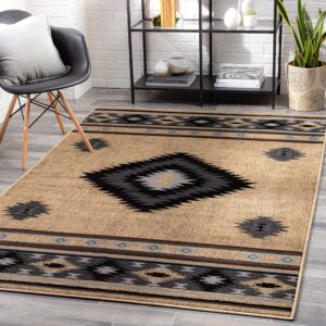 hauteloom hoylake southwestern tribal living room bedroom dining room aztec area rug - native american indian indie carpet - brown, gray, black - 7'10" x 11'2"