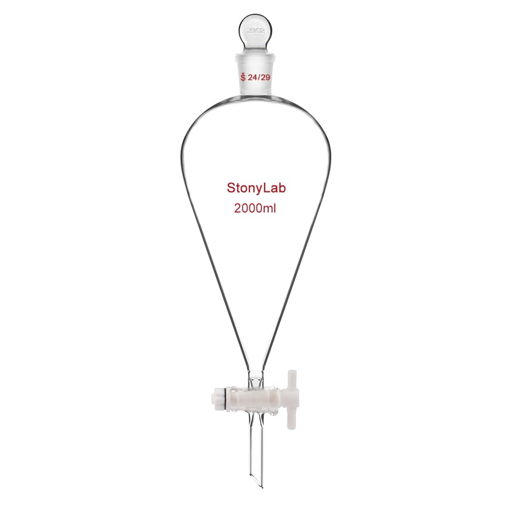 StonyLab PTFE Stopcock Separatory Funnel 2L, Borosilicate Glass Heavy Wall Conical Pear-Shaped Separatory Funnel Separation Funnel with 24/29 Joint