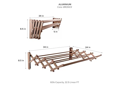 AERO W Racks Aluminum Wall Mounted Collapsible Laundry Clothes Drying Rack (60lb Capacity, 22.5 Linear FT, Aluminum Bronce)