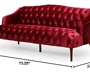 GDFStudio Esther Modern Glam Tufted Velvet 3 Seater Sofa, Wine and Walnut