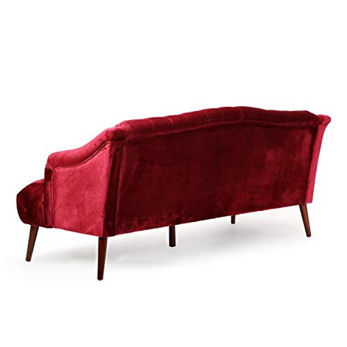 GDFStudio Esther Modern Glam Tufted Velvet 3 Seater Sofa, Wine and Walnut