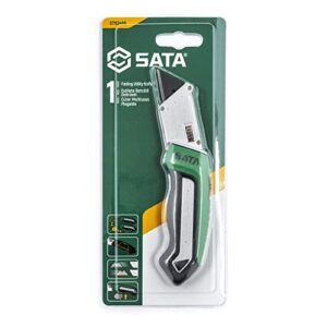 SATA T-Series Folding Utility Knife with Easy-Access Blade Storage in the Body and a Green Dual Material Handle - ST93486