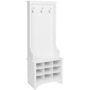 prepac white hall tree, shoe cabinet, storage cabinet with 9 shoe cubbies and 3 double coat hooks 15.5" d x 27" w x 68" h